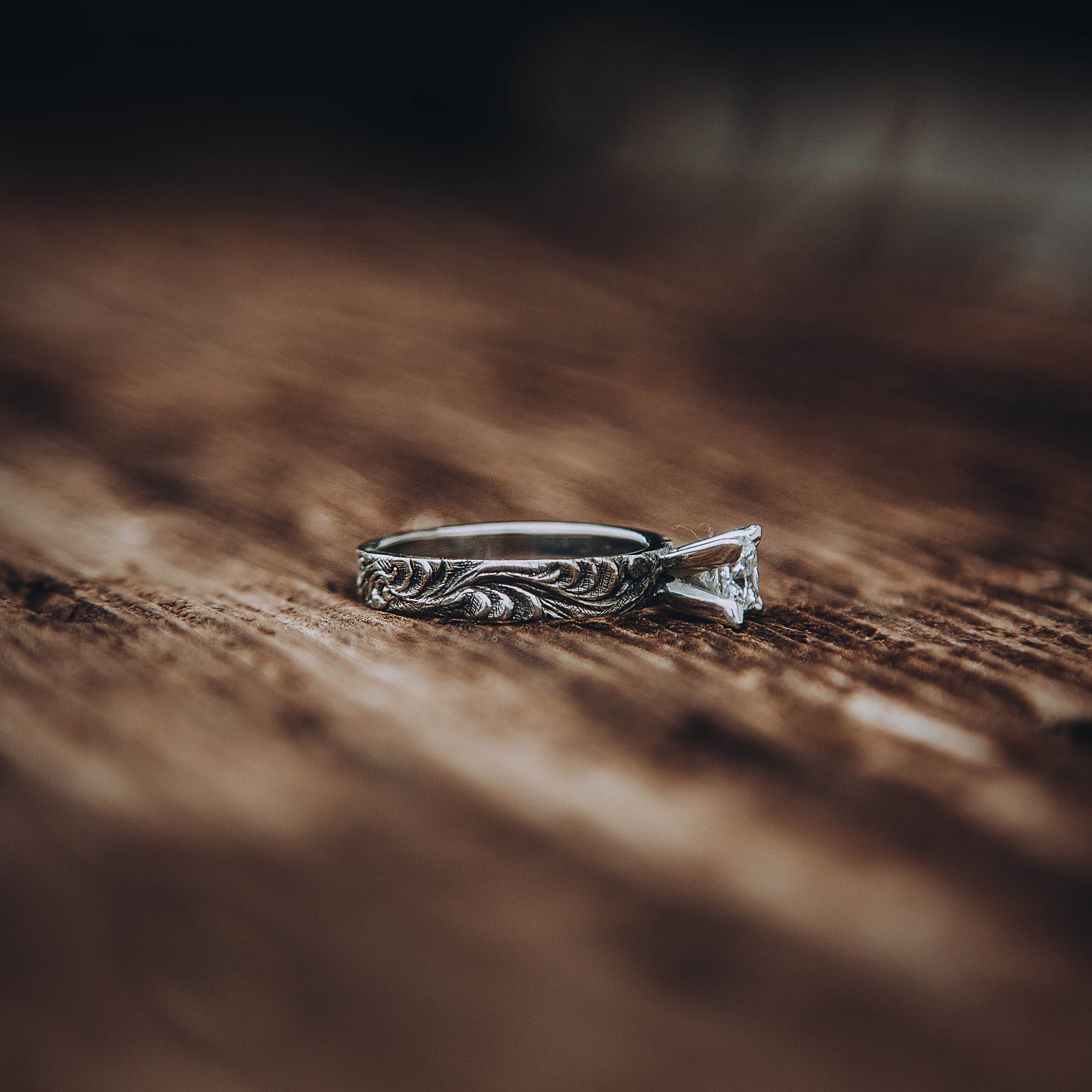 Princess Cut Carved Tooled Engagement Ring 14k Gold | Carroll Spur Co.